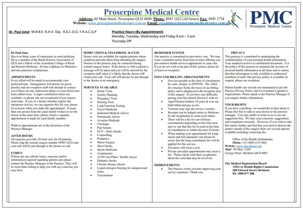 Practice Information | Proserpine Medical Centre